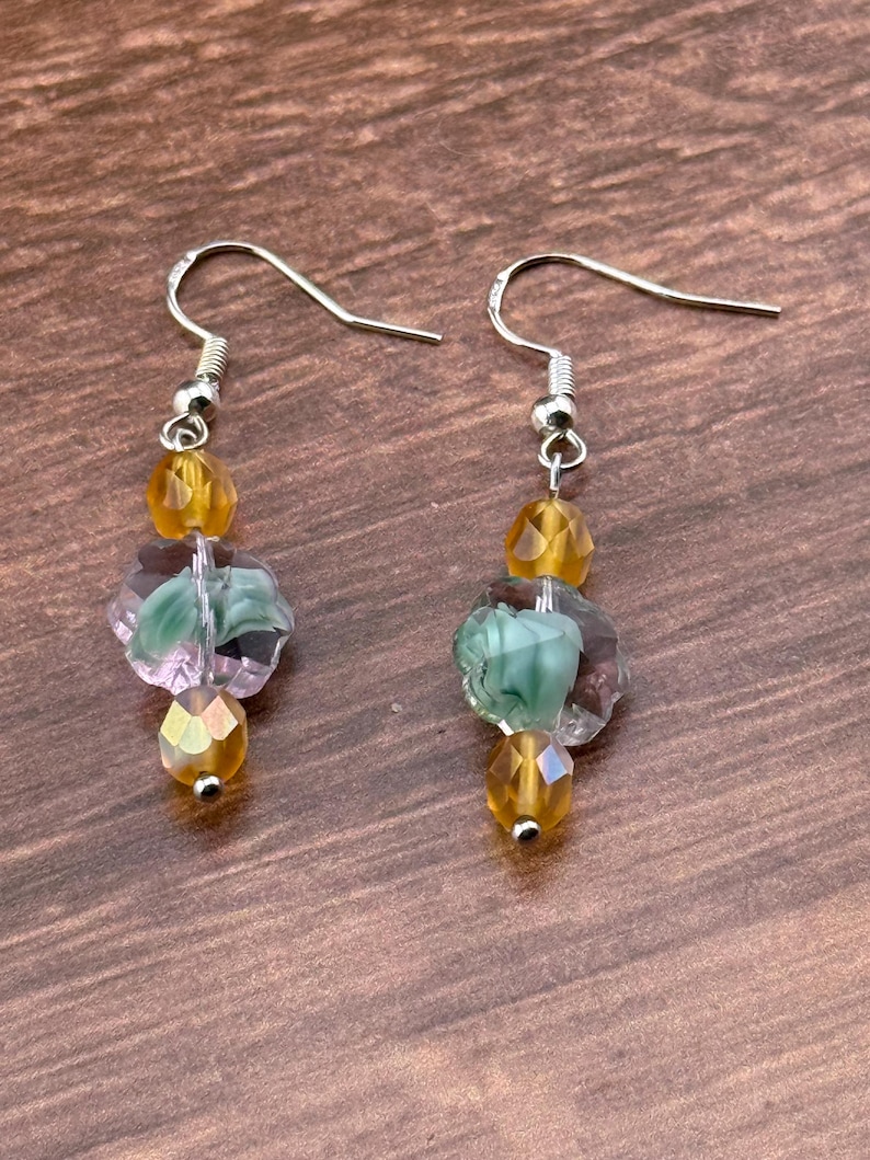 Golden Citrine and Green Flower Glass Earrings-handmade Boho Dangle ...