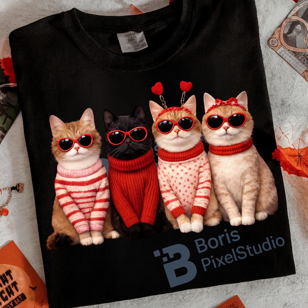 Valentine Cats PNG, Cute Cat Squad With Heart Sunglasses, Red Sweater ...