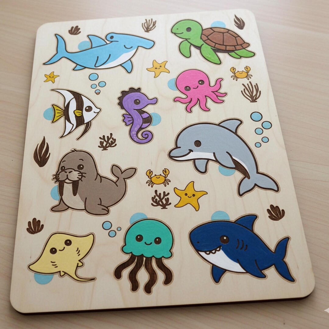 Ocean Animals Puzzle SVG | Laser Cut Montessori Learning Board File - Etsy