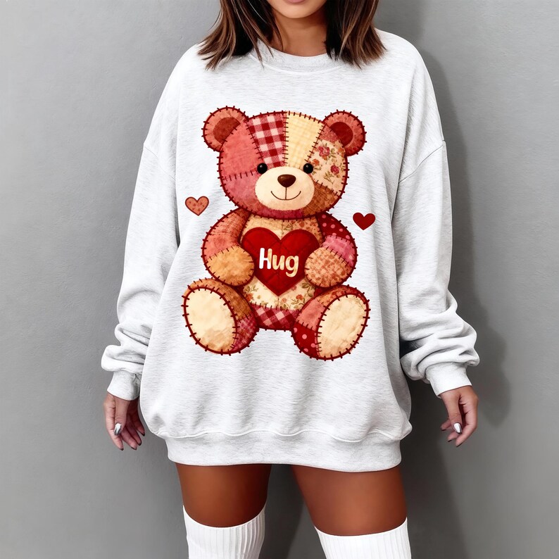 Patchwork Valentine Teddy Bear PNG, Quilted Shirt Design (digital ...