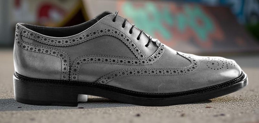 Handmade Men Gray Leather Shoes Genuine Wingtip Oxford Formal Dress ...