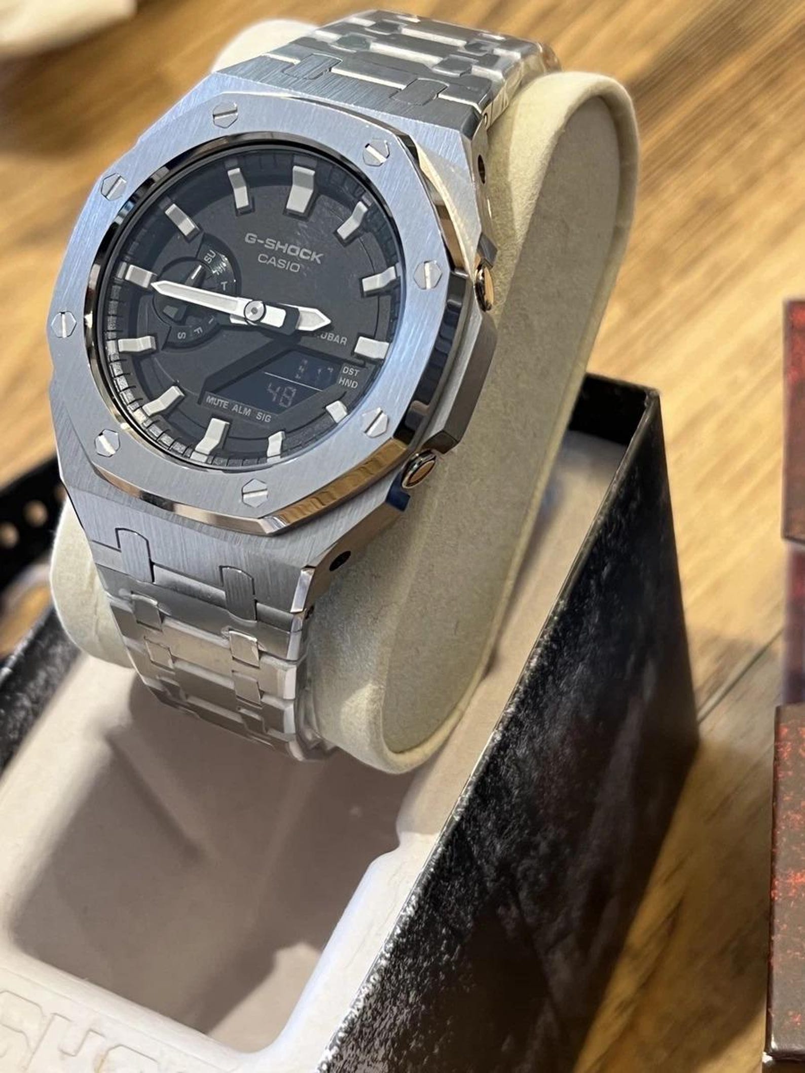 Luxury Custom G-shock Casioak Mod – Silver Stainless Steel Bezel and ...
