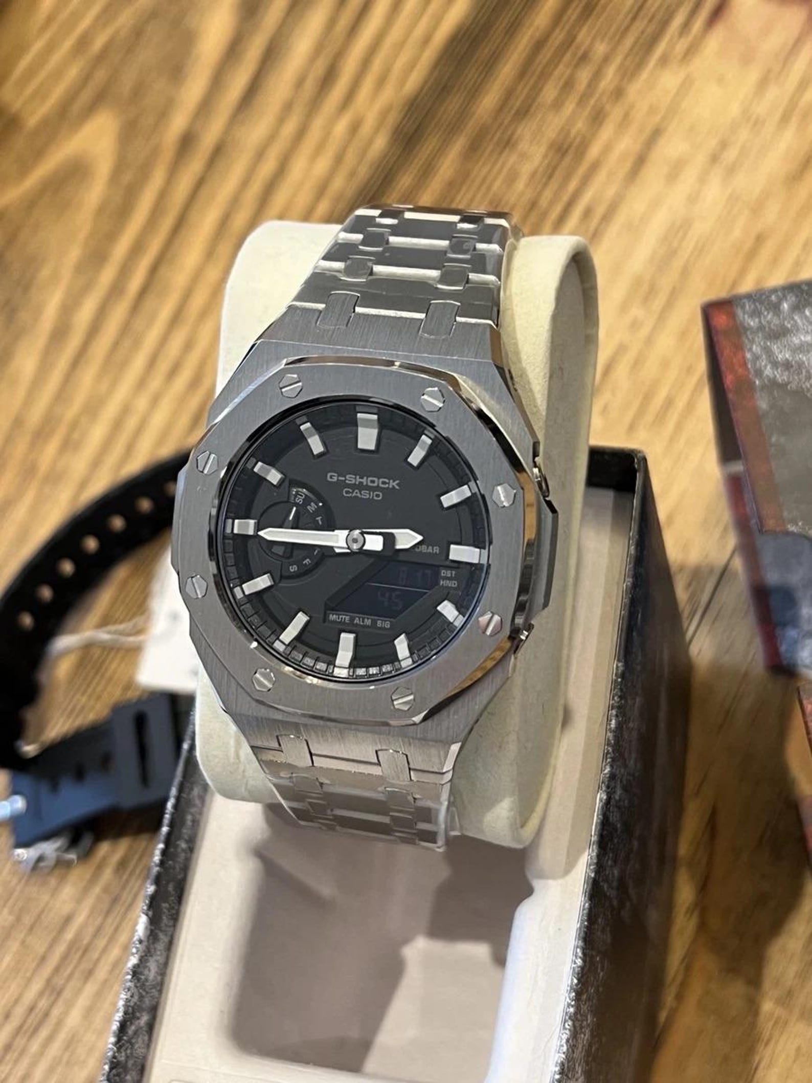 Luxury Custom G-shock Casioak Mod – Silver Stainless Steel Bezel and ...