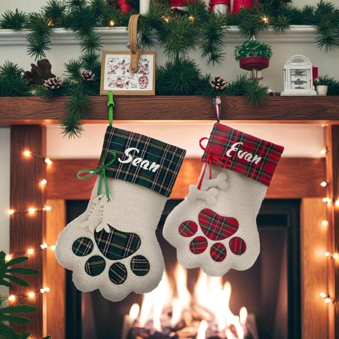 2026 Embroidered Paw Christmas Stocking, Custom Pet Xmas Stocking With ...
