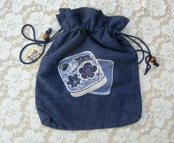 Authentic Japanese Kinchaku Drawstring Purse, indigo-… - Gem