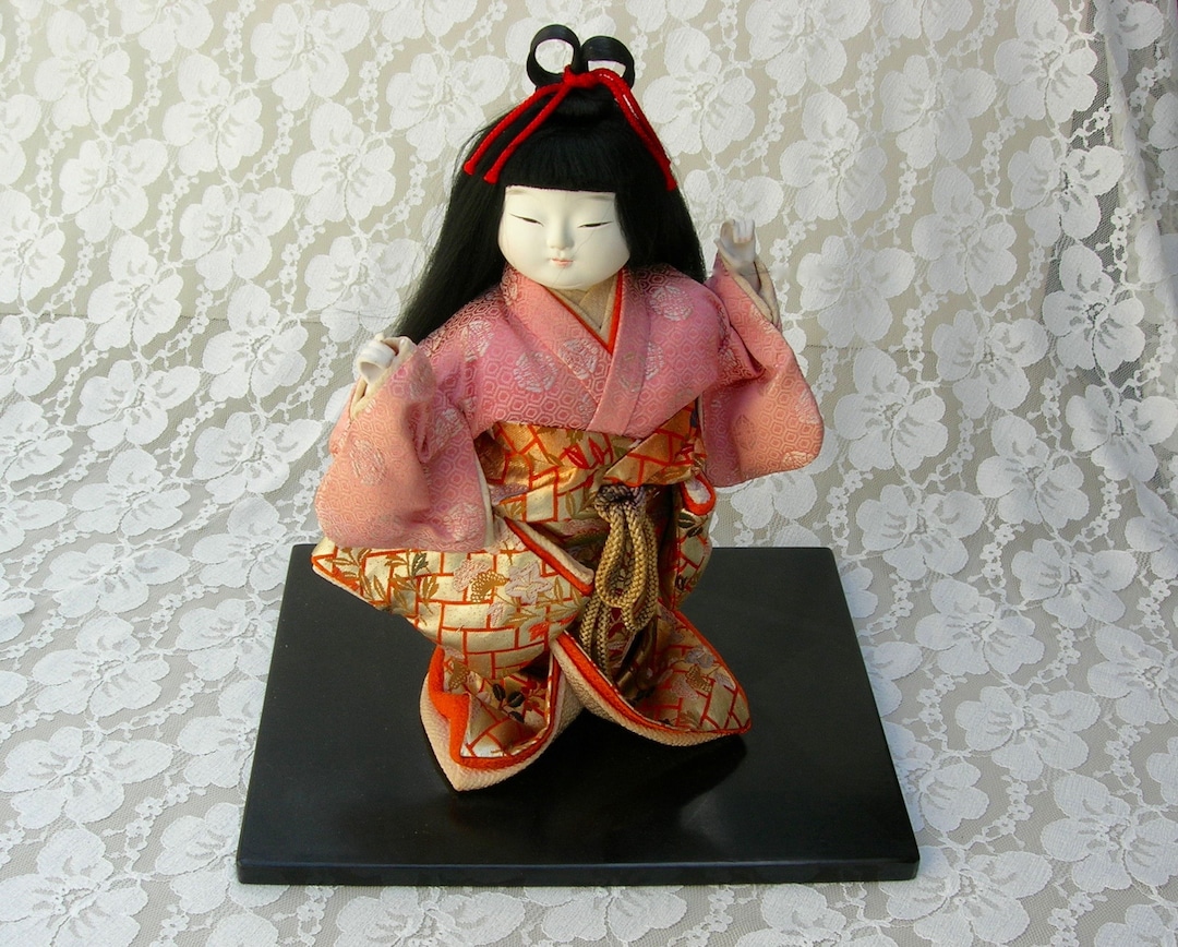 Japanese Girl Ningyo (doll), Pink & Orange Silk Brocade Kimono, Fancy ...