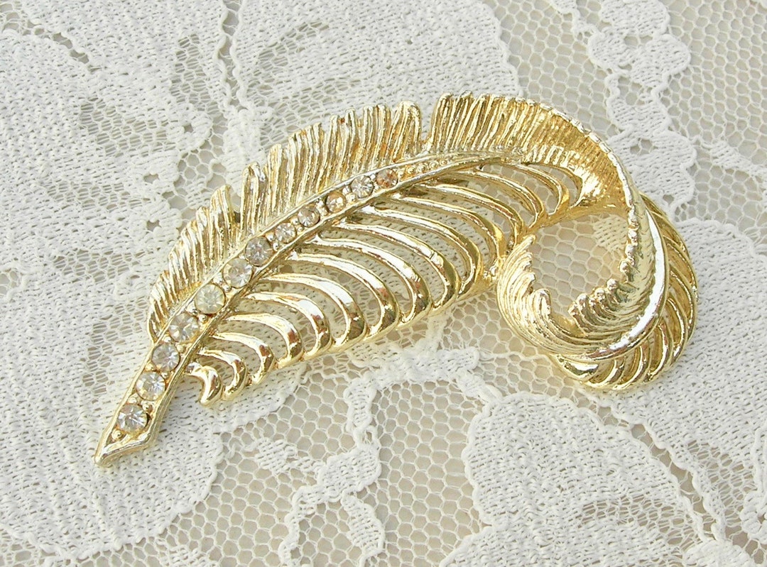 Hollywood Glamor feather brooch gold & rhinestone feather - Etsy.de