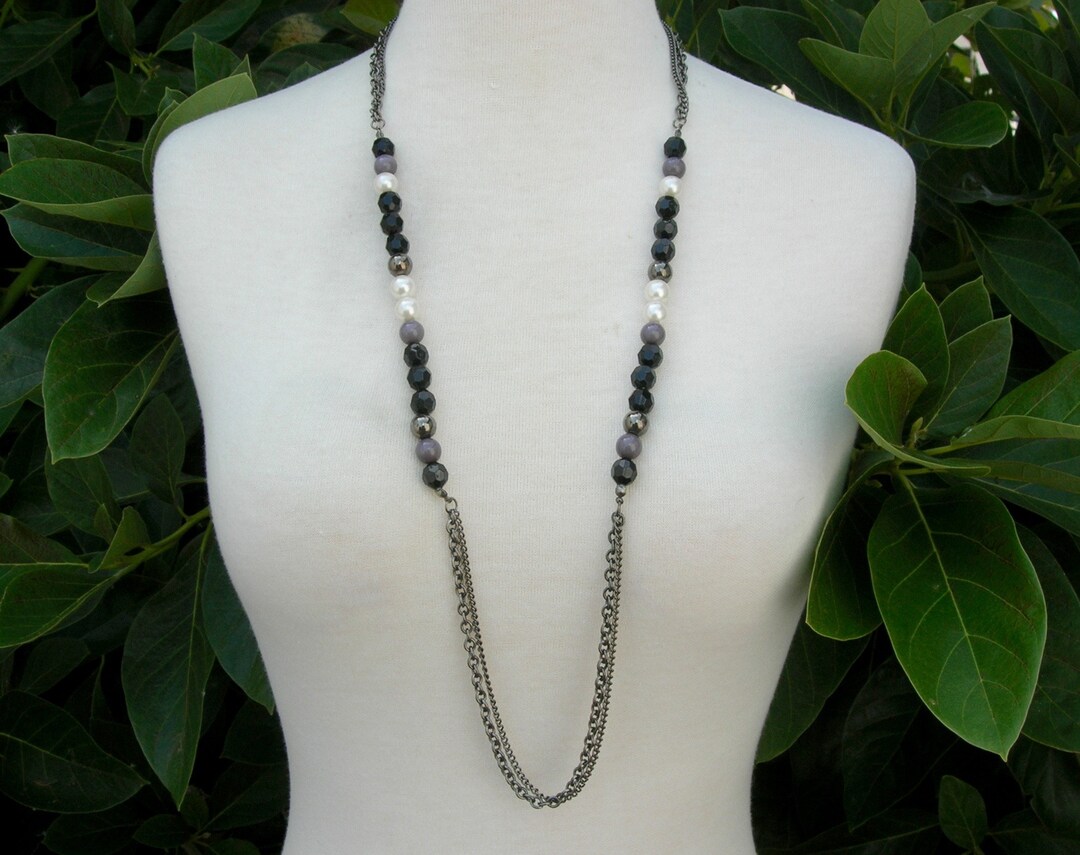 Long Black Chain Necklace 36 White Faux Pearls Black & - Etsy