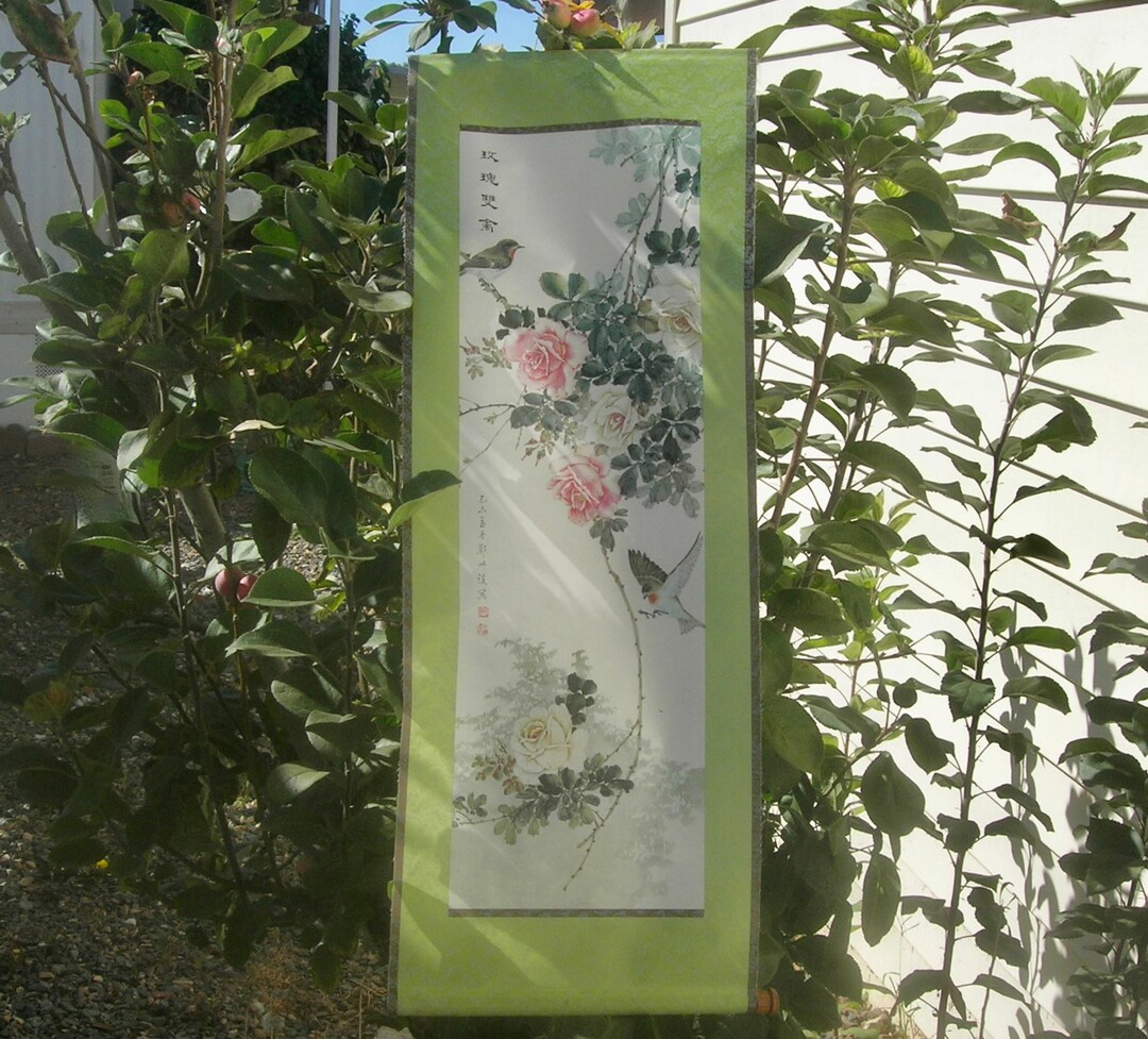 REDUCED Japanese Scroll, Nature Scene With Pink & White Peony Flowers ...