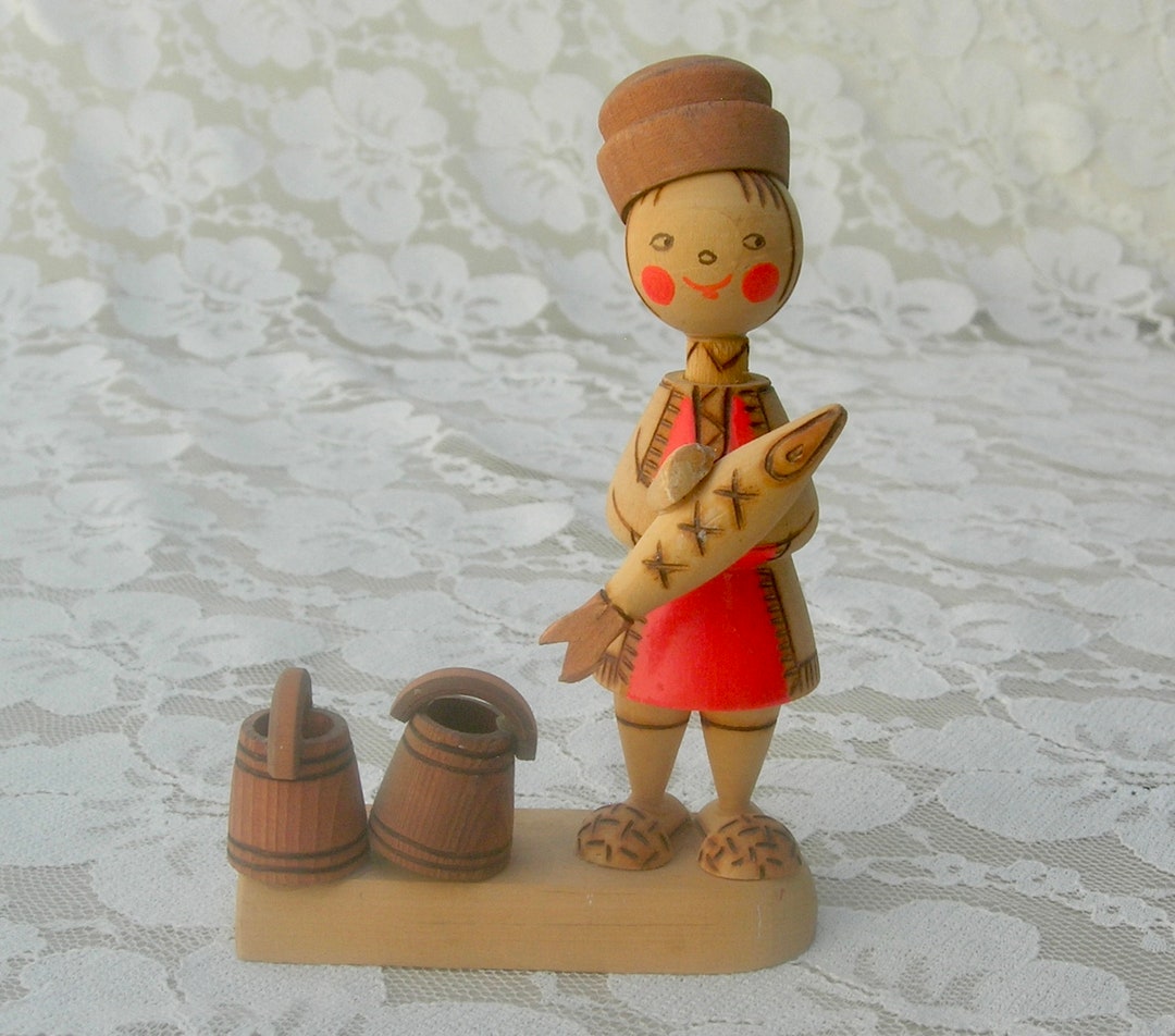 Cute Little Wood Boy, Hand-carved Little Boy Carrying a Fish Near 2 ...
