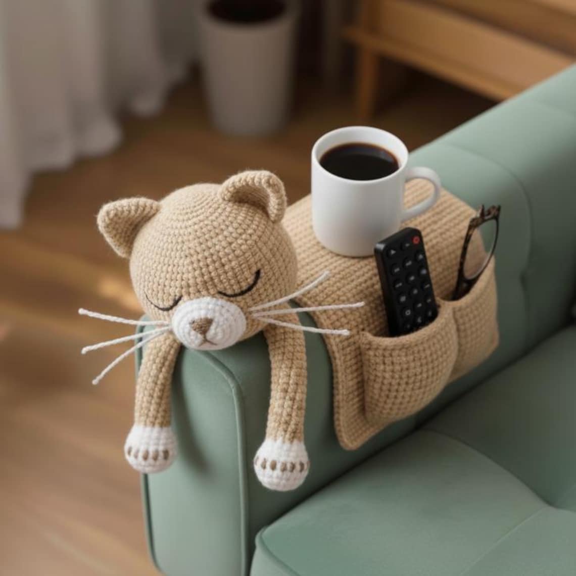 Cozy Cat Crochet Arm Organizer Pattern – Amigurumi Sofa Caddy PDF for ...
