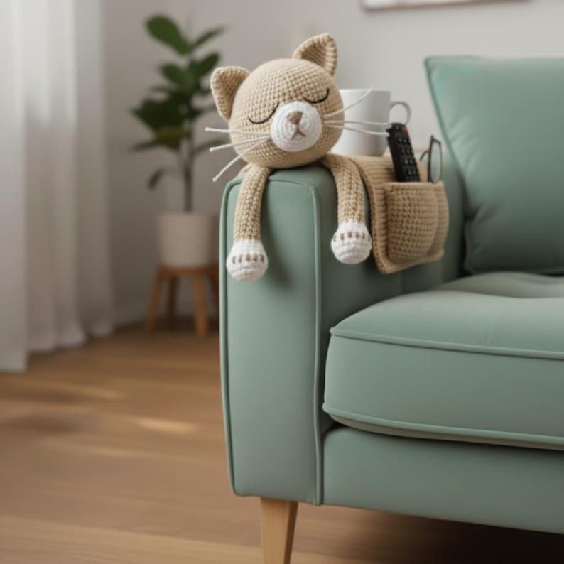 Cozy Cat Crochet Arm Organizer Pattern – Amigurumi Sofa Caddy PDF for ...