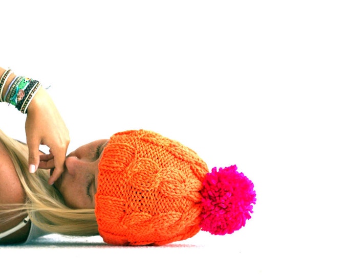 Neon Color Knit Hat / Neon Orange & Pink / - Etsy