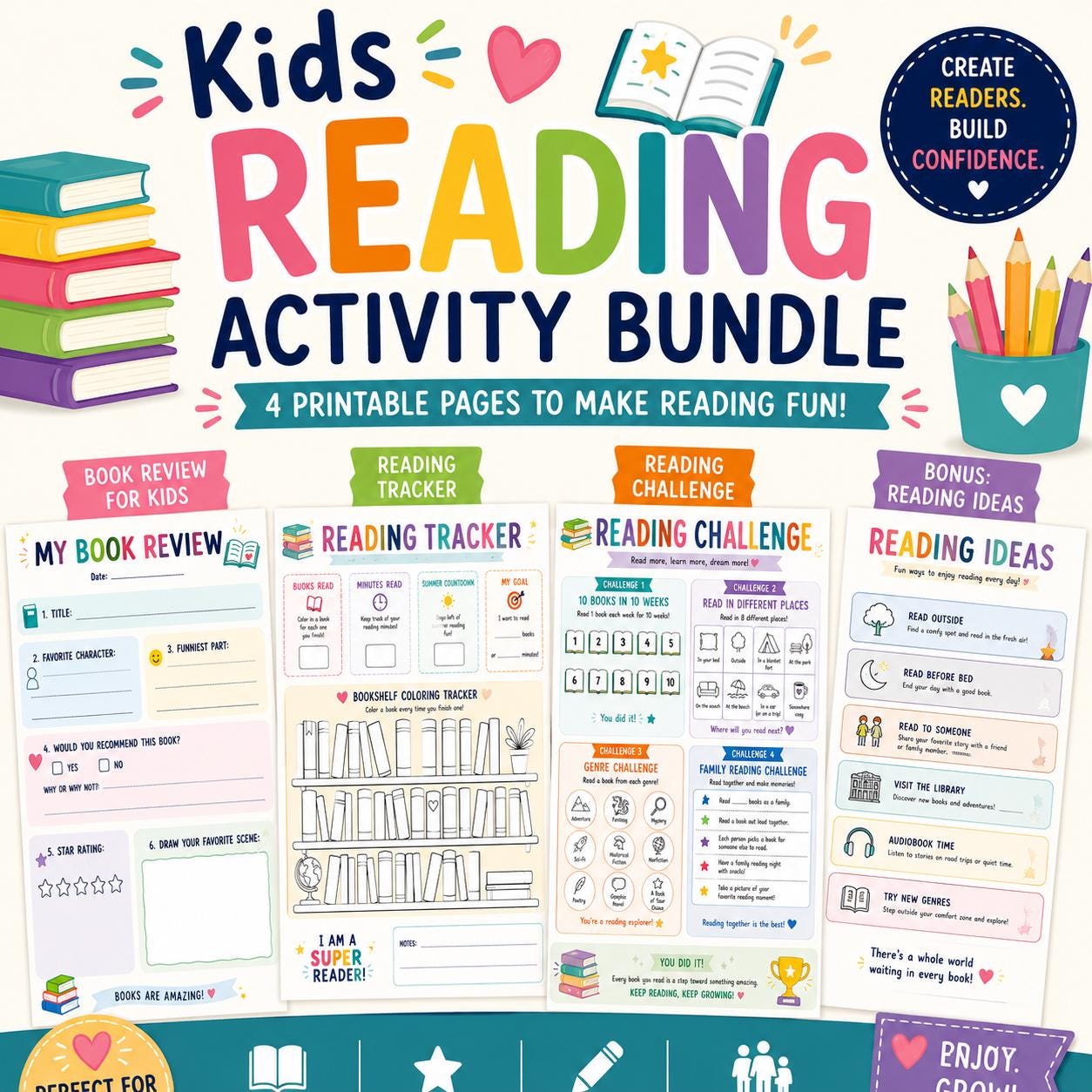 Kids Reading Activity Bundle | Printable Worksheets, Summer Challenge ...