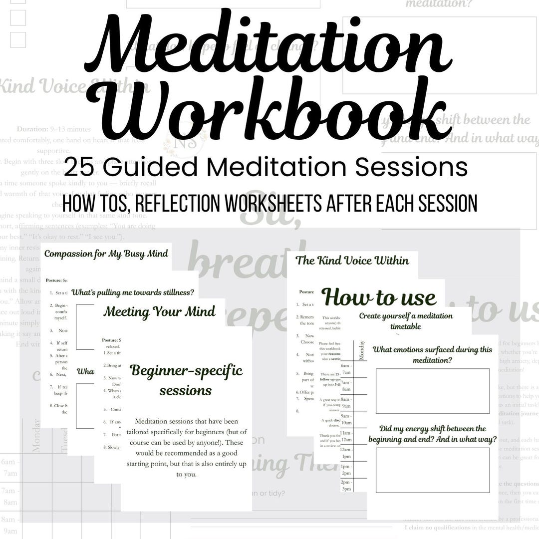 25 Guided Meditation Sessions Reflection Self Care Worksheets ...