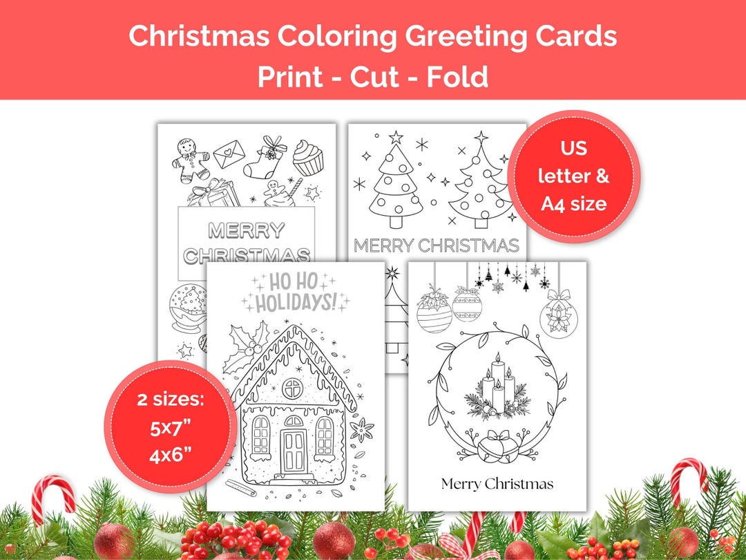 Printable Christmas Coloring Cards, Kids Holiday Coloring Activity ...