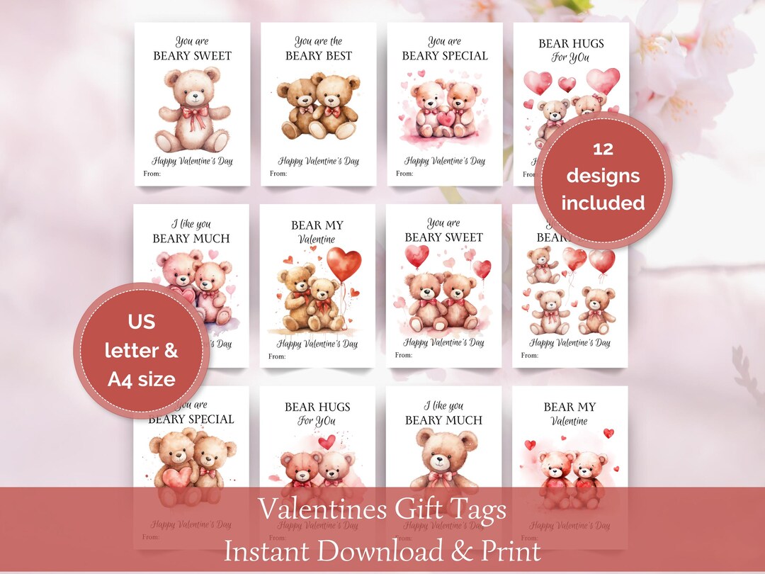 Printable Bear Valentine Gift Tags, Kids Classroom Tags, Teddy Bear ...