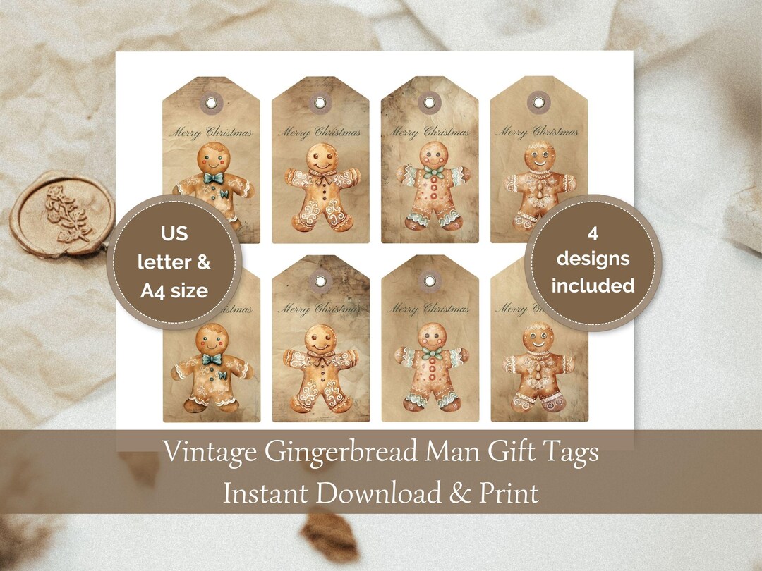 Vintage Gingerbread Man Gift Tags, Printable Christmas Labels, Holiday ...