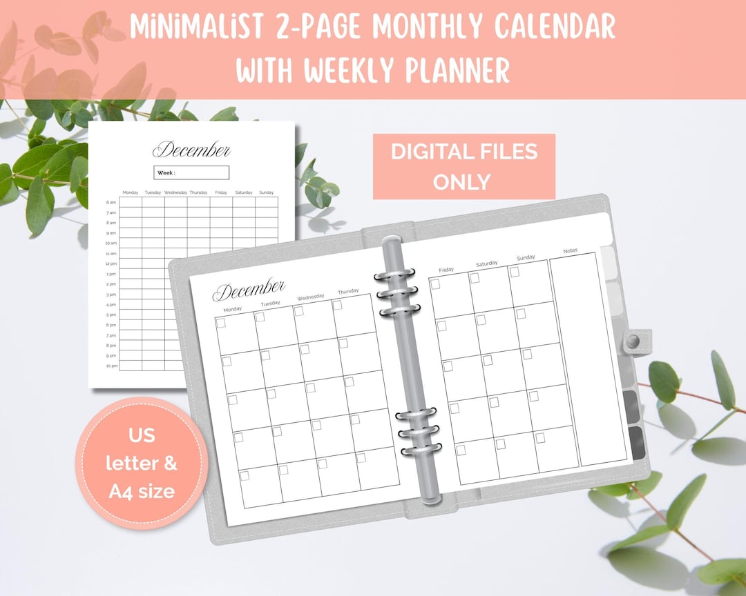 Two Page Monthly Calendar Printable, Modern Calendar Template, Weekly ...