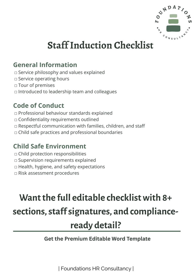 Staff Induction Checklist | Editable HR Template | Childcare & Business ...