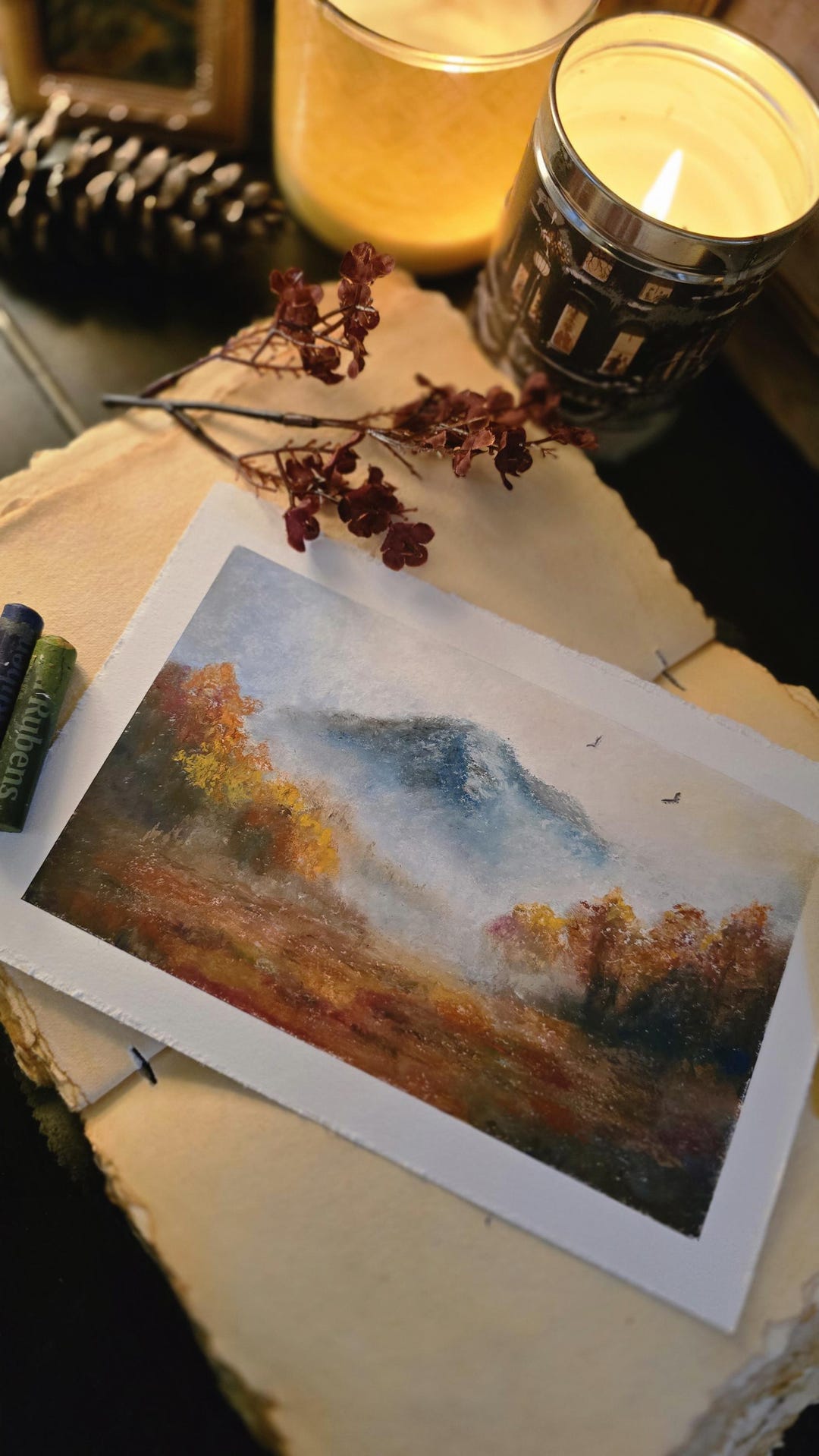 Original Oil Pastel Painting: Autumn Mountain Landscape (9x6 In) - Etsy