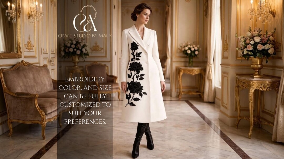 Women’s Handmade Wool Long Coat With Customised Embroidery Luxury ...