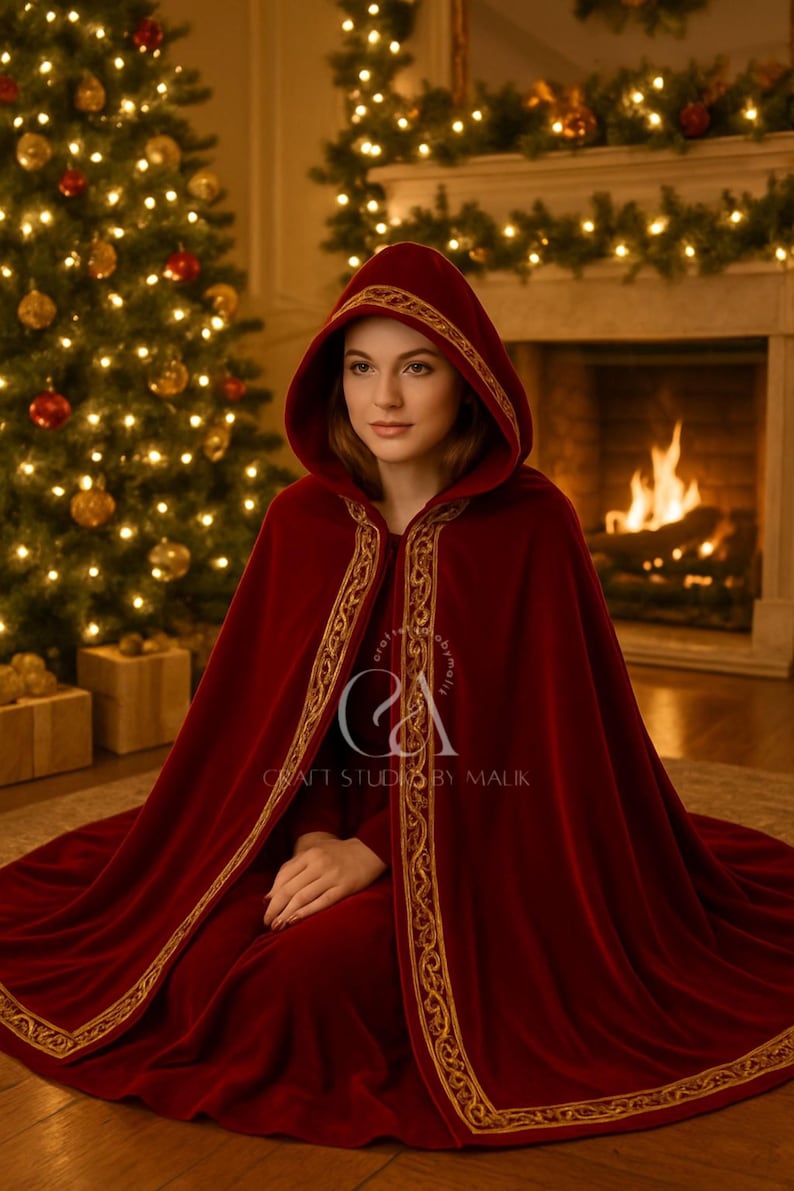 Red Velvet Hooded Cape With Gold Trim - Renaissance Christmas Cloak - Etsy