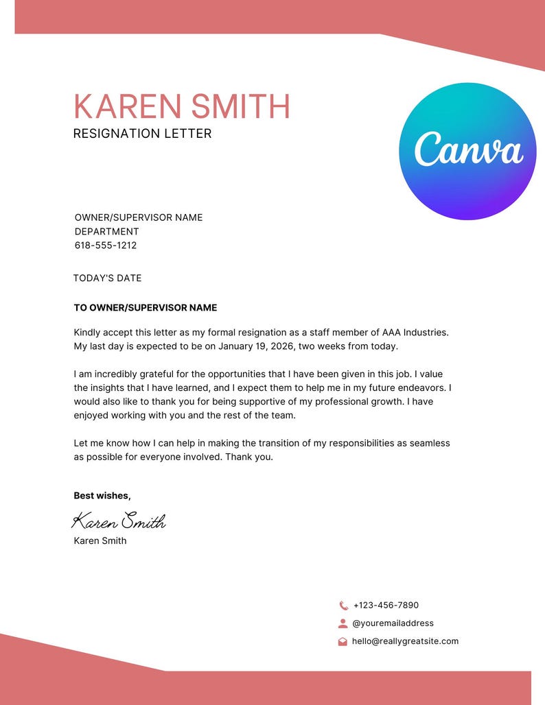 Two Week Resignation Letter- Editable Digital Download. This Easy to ...
