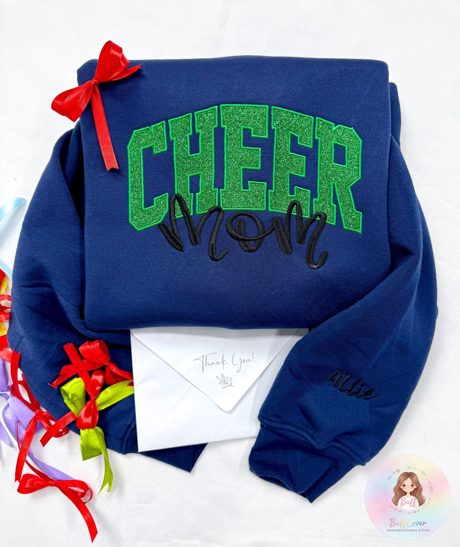 Custom Glitter Embroidered Cheer Mom Sweatshirt With Side Bow, Team ...
