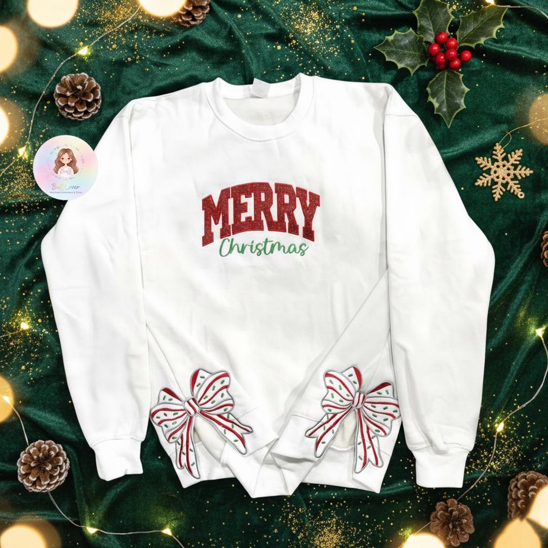 Embroidered Merry Christmas Sweatshirt, Side Bow Applique, Holiday ...
