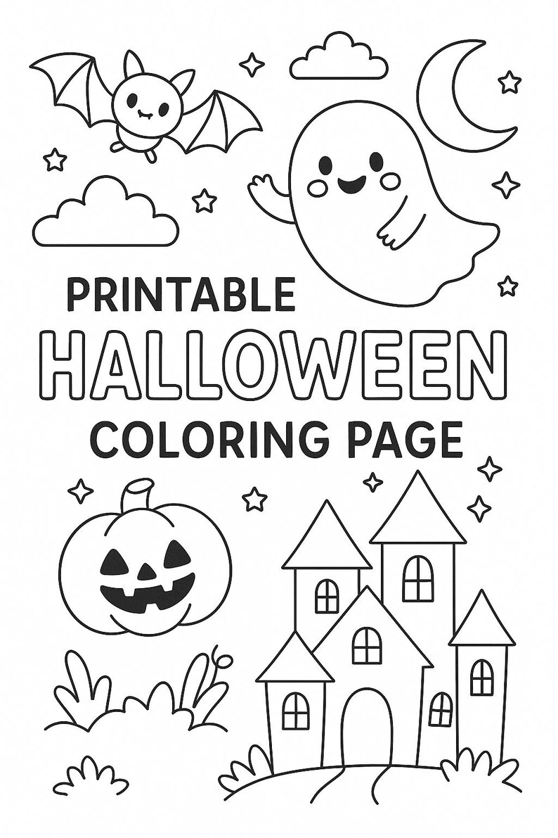 Printable Halloween Coloring Page | Cute Ghost, Pumpkin & Haunted House ...