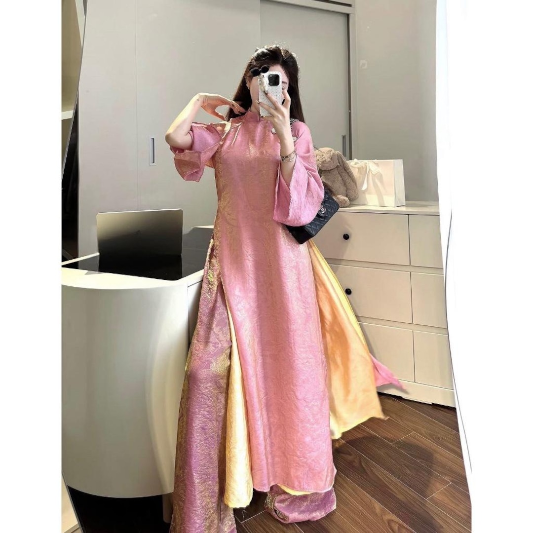 Vietnamese Modern Ao Dai “elegant Blue”, Shimmering Silk Brocade Tet ...