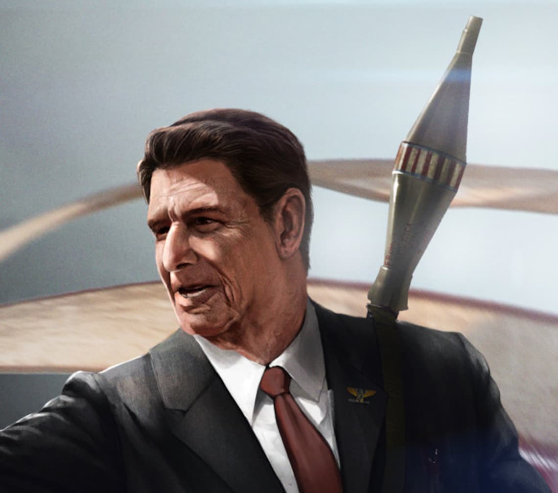 Poster - Ronald Reagan Riding a Raptor - Epic American President Art by ...