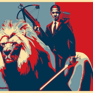 Poster - Obama Riding a Lion (with a Lightsaber and Crossbow) (red ...