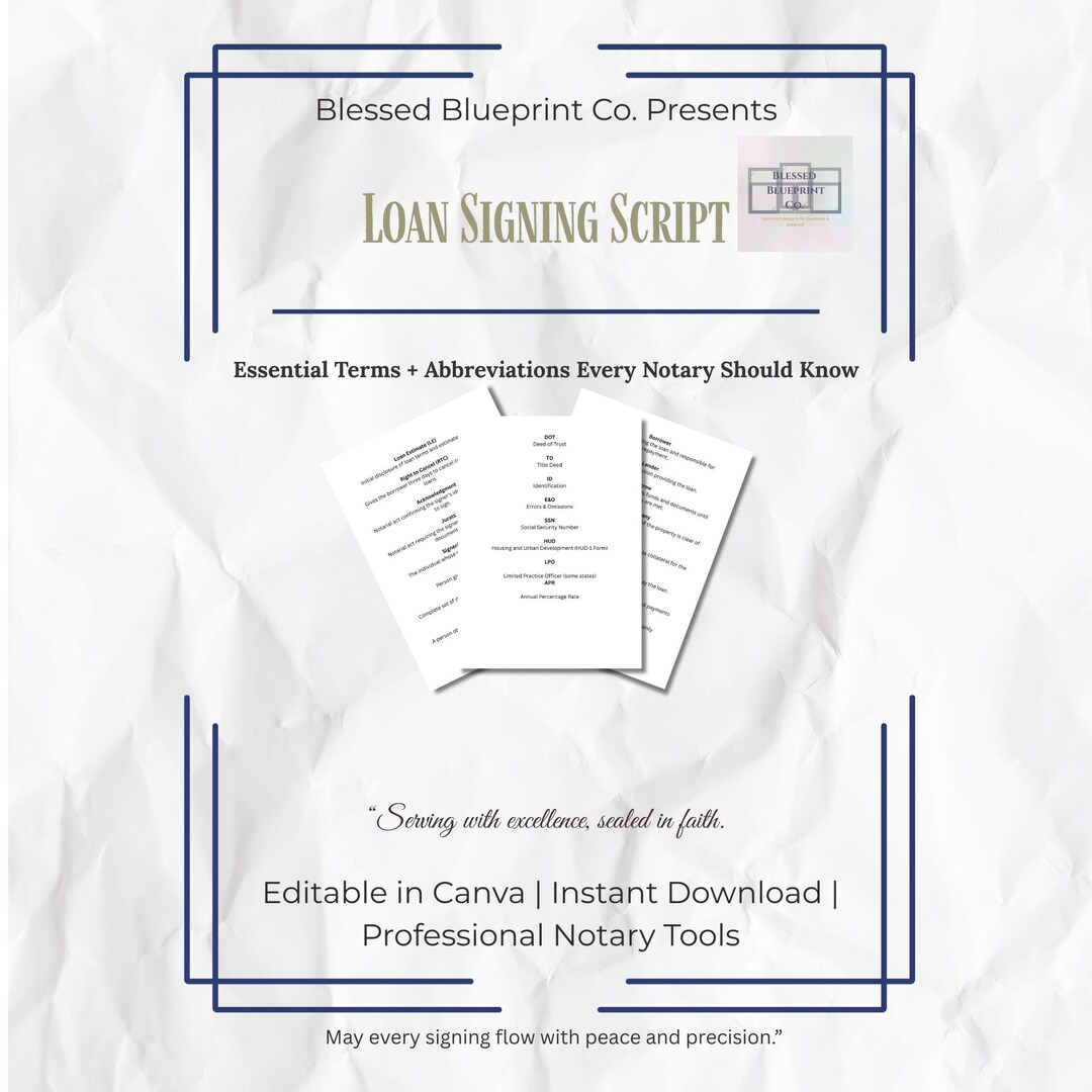 Loan Signing Agent Vocabulary Sheet | Notary Abbreviations | Printable ...