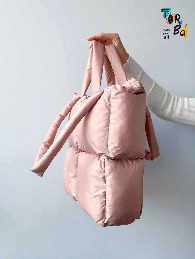 Powder Pink Puffer Shopper Tote Bag With Double Handles – Quilted Water ...