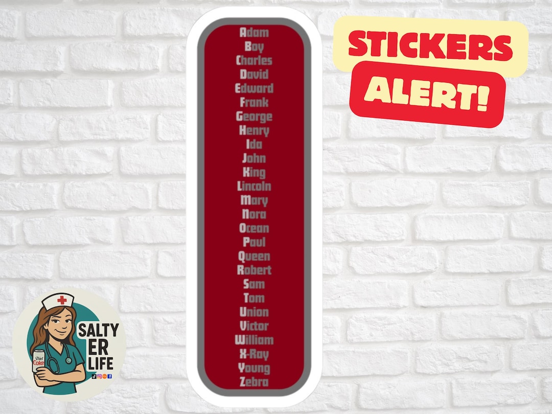 APCO Phonetic Alphabet Vertical List Sticker - Nurse RN ED Ems First ...