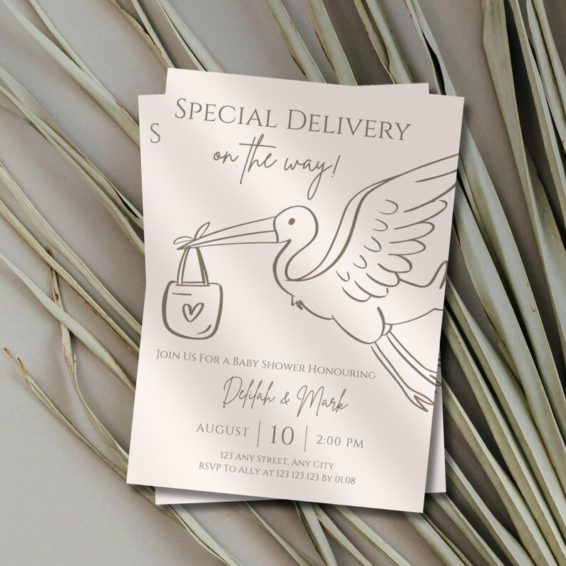 Neutral Stork Baby Shower Invitation Editable Template Minimalist ...