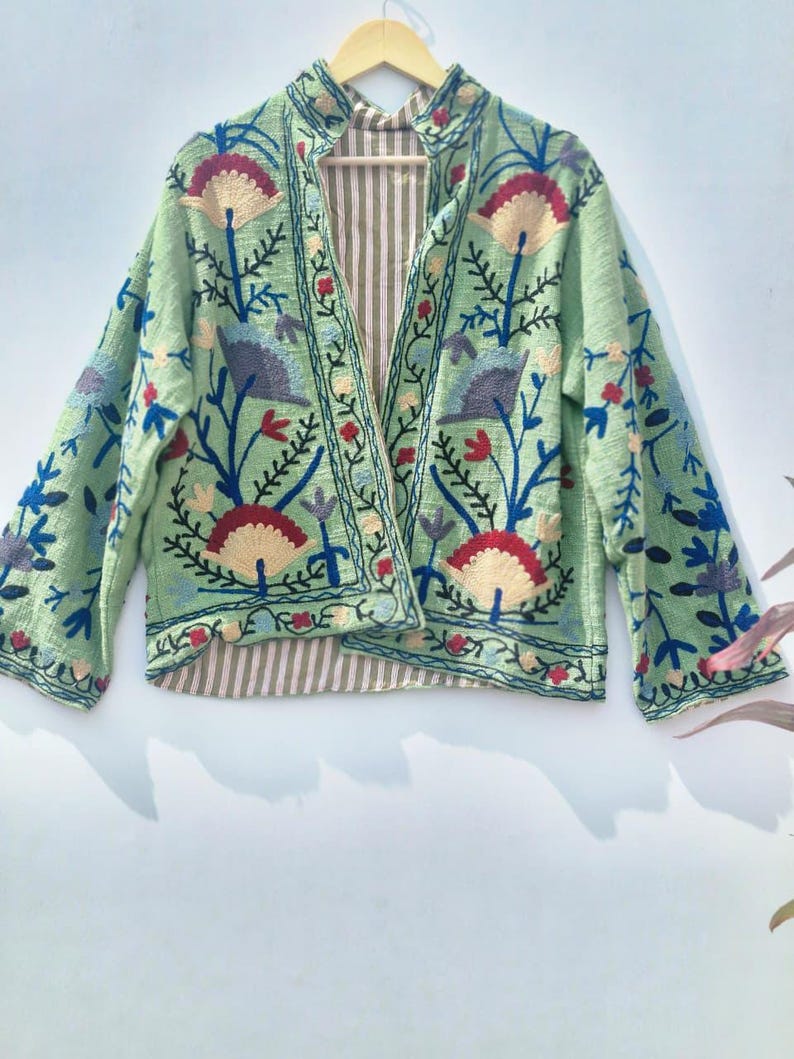 Green Cotton Suzani Embroidered Jacket: Bohemian Winter Coat - Etsy