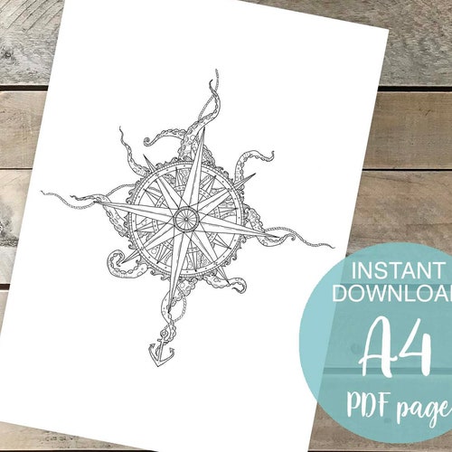 Nautical Compass A4 Printable Coloring Page for Adults - Etsy