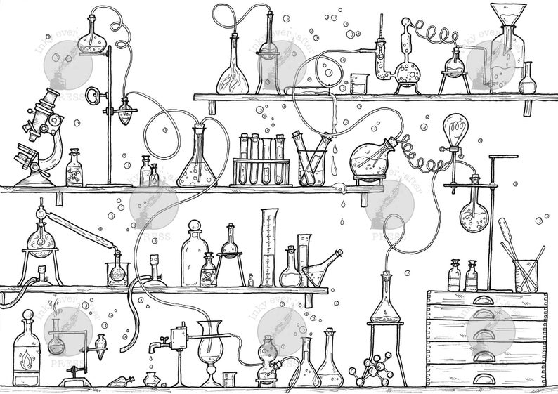 Chemistry Set, Mad Scientist PDF Printable Colouring Page for Adults ...