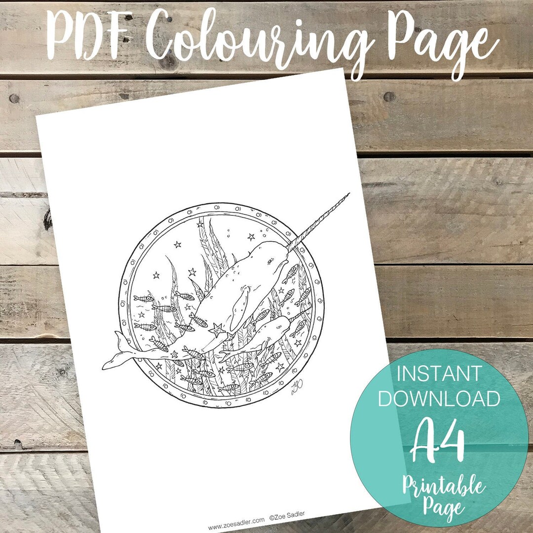 Narwhal Sea Unicorn A4 Printable Coloring Page for Adults, Nautical ...