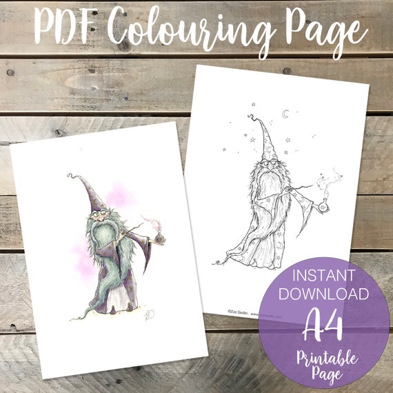 Magical Wizard Coloring Page for Adults Spell Potions and | Etsy