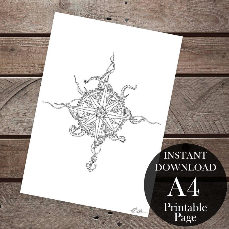 Nautical Compass A4 Printable Coloring Page for Adults, Mysteries of ...