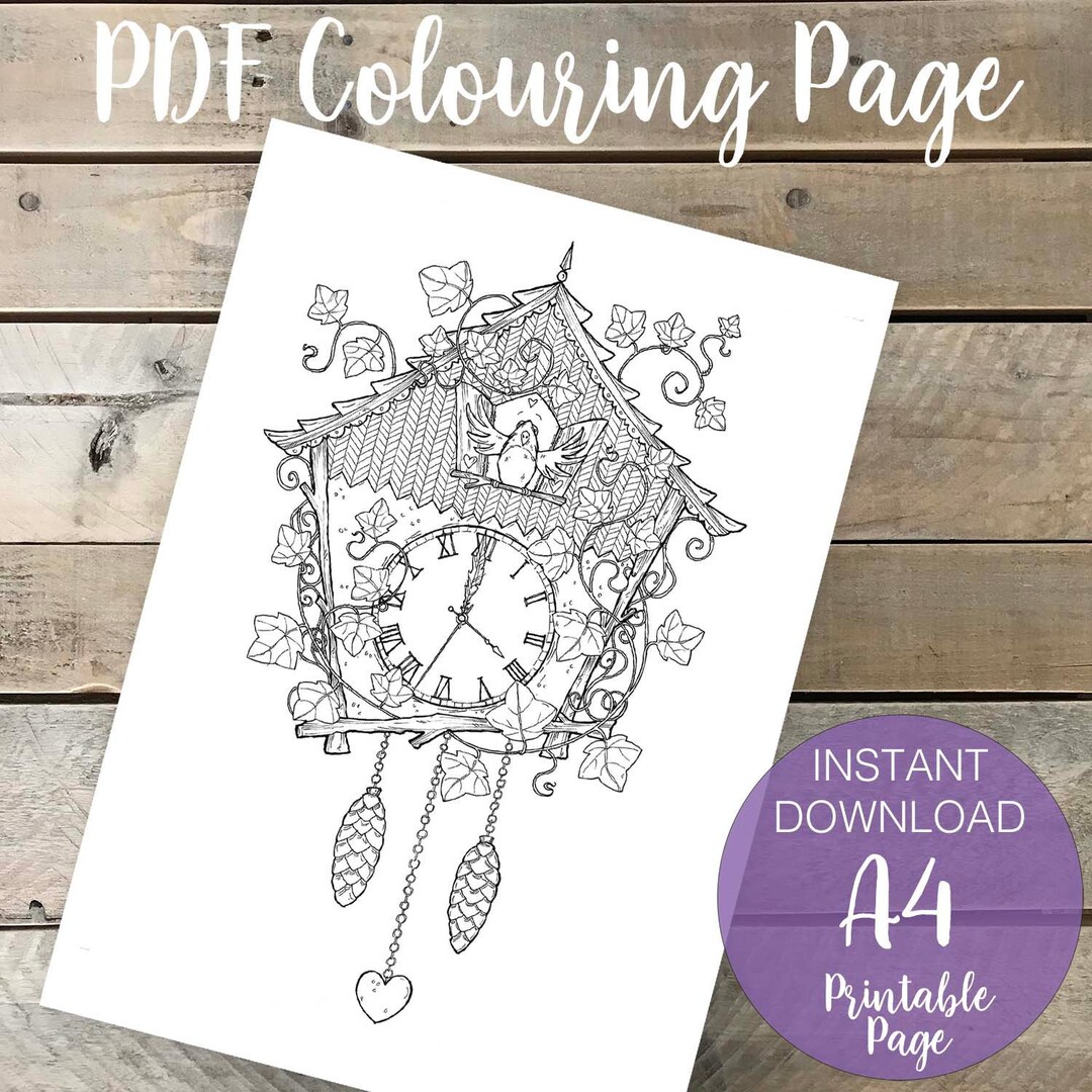 Cuckoo Clock Coloring Page for Adults, Birds, Flora and Fauna Art ...