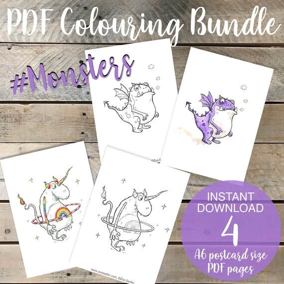 Halloween Monster PDF Coloring Page Bundle Postcard Size | Etsy