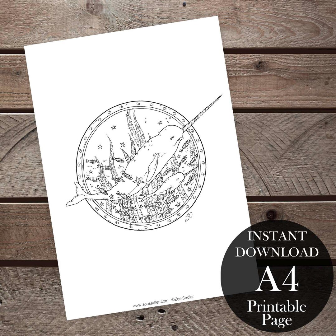 Narwhal Sea Unicorn A4 Printable Coloring Page for Adults, Nautical ...