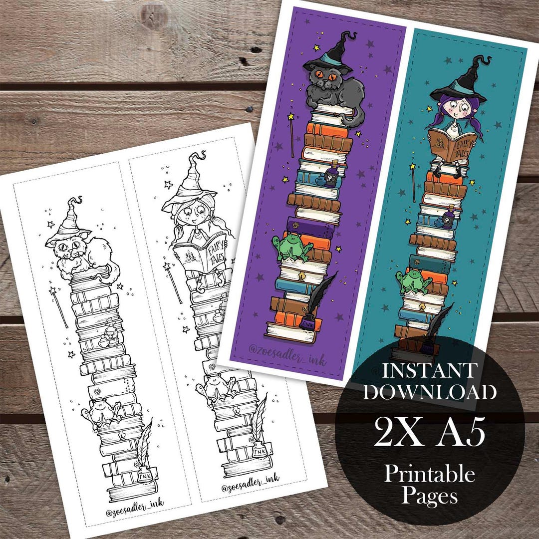 Book Witch Bookmark, PDF Colouring Page, Download and Keep Bookmark - Etsy