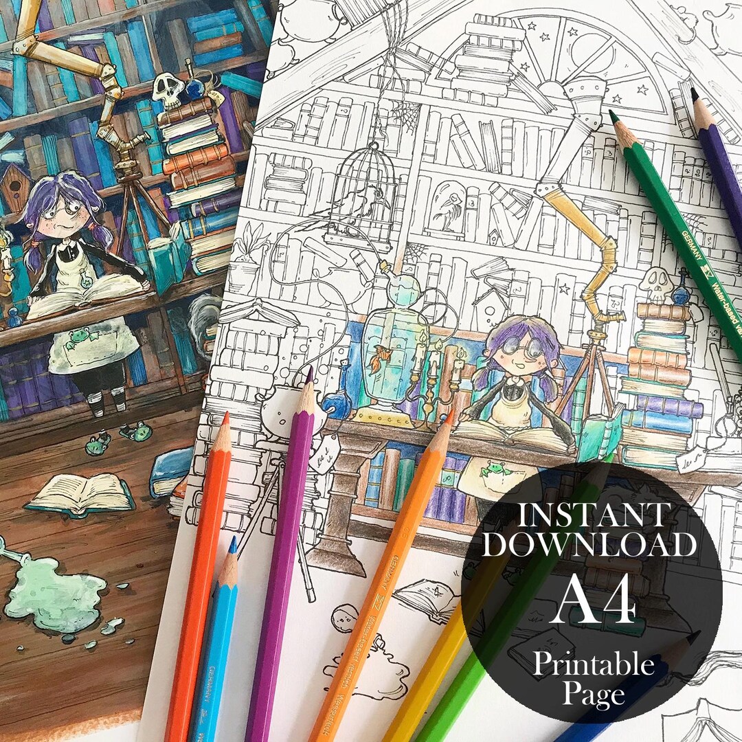 Witches Library and Apothecary, A4 Printable Coloring Page for Adults ...