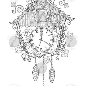 Cuckoo Clock Coloring Page for Adults, Birds, Flora and Fauna Art ...
